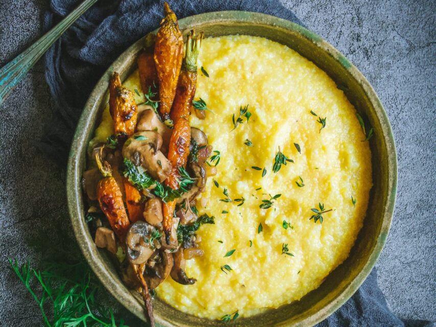 Polenta with Mushrooms, Kale and Roasted Carrots - Calm Eats